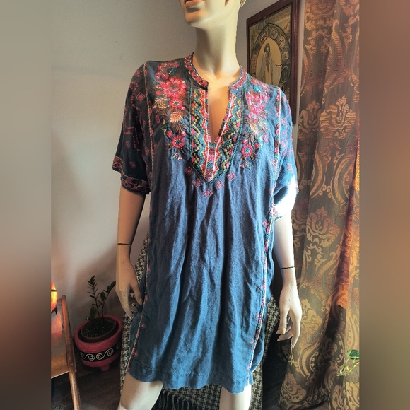 Johnny Was | Tops | Johnny Was Linen Embroidered Blue Tunic Dress Xl ...